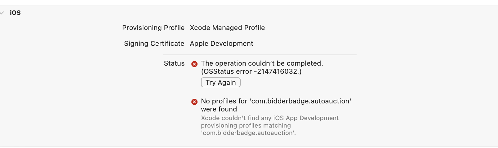 OSStatus error -2147416032 | Apple Developer Forums