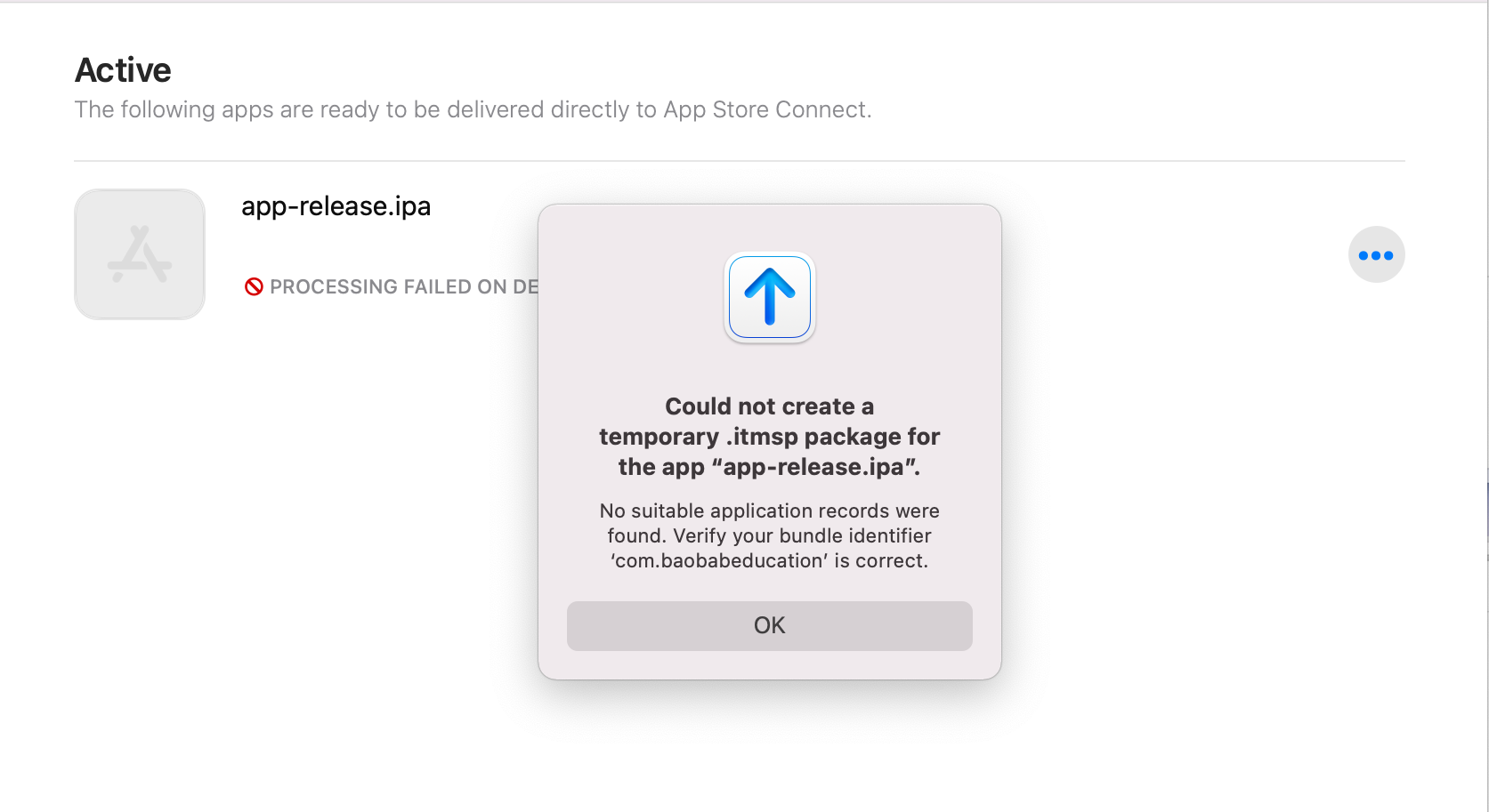 Cannot create a temporary .itmsp p… | Apple Developer Forums